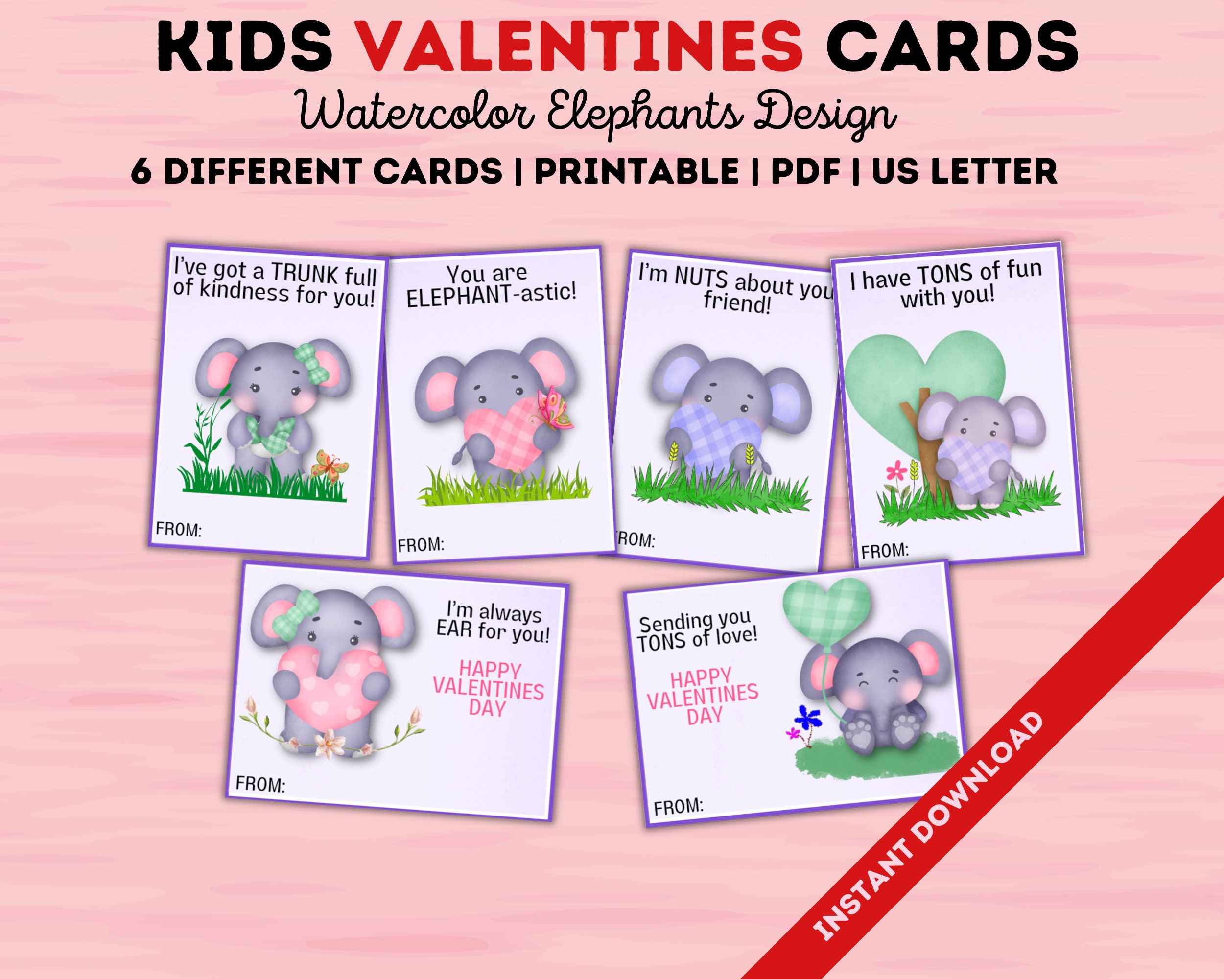 Watercolor Elephants Valentine Cards, Funny Valentine Cards, Preschool ...