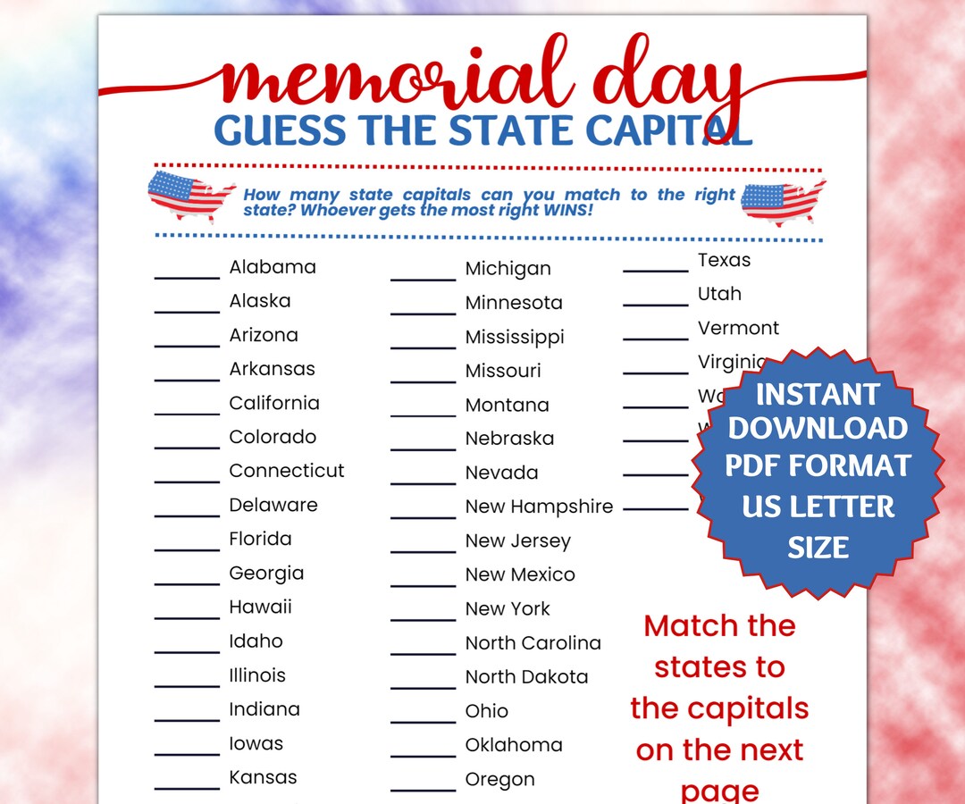 State Capitals Trivia Game Memorial Day Game Group Games - Etsy