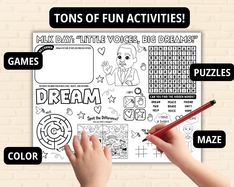 Martin Luther King Day Activity Sheet, Activity Placemat, MLK Day ...