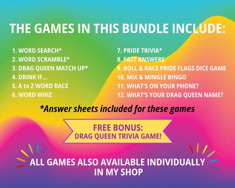 Pride Games, 12-GAME BUNDLE, Pride Party Games, Pride Trivia, Drag ...