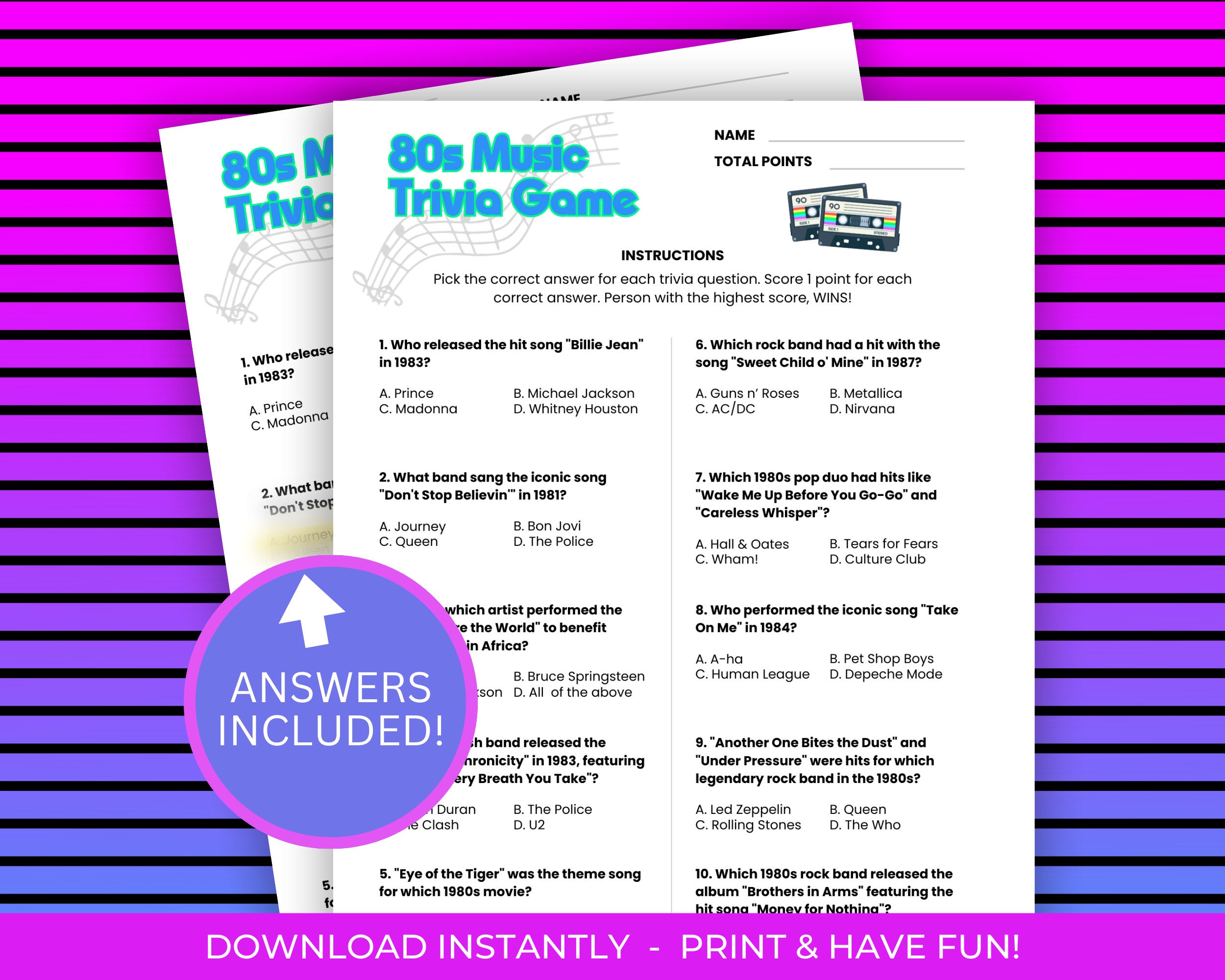 80s Trivia Game, Music Trivia, Printable Trivia Game, Family Game Night ...