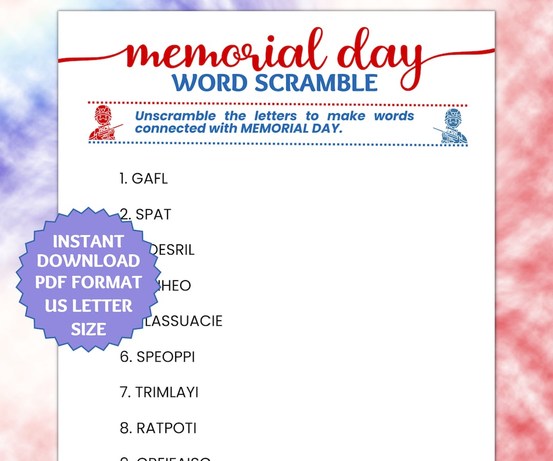 Memorial Day Word Scramble Game Patriotic Word Game Memorial - Etsy