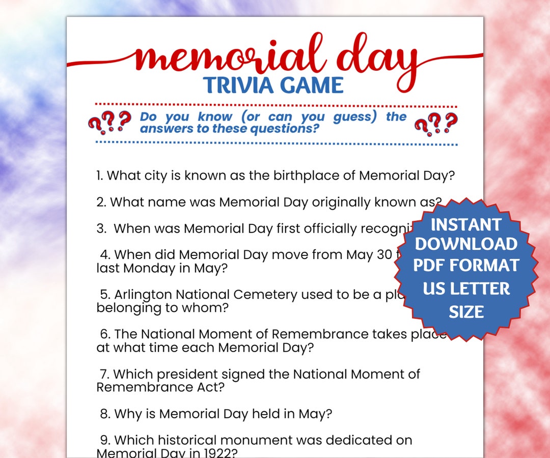 Memorial Day Trivia Game Memorial Day Games Group Games - Etsy