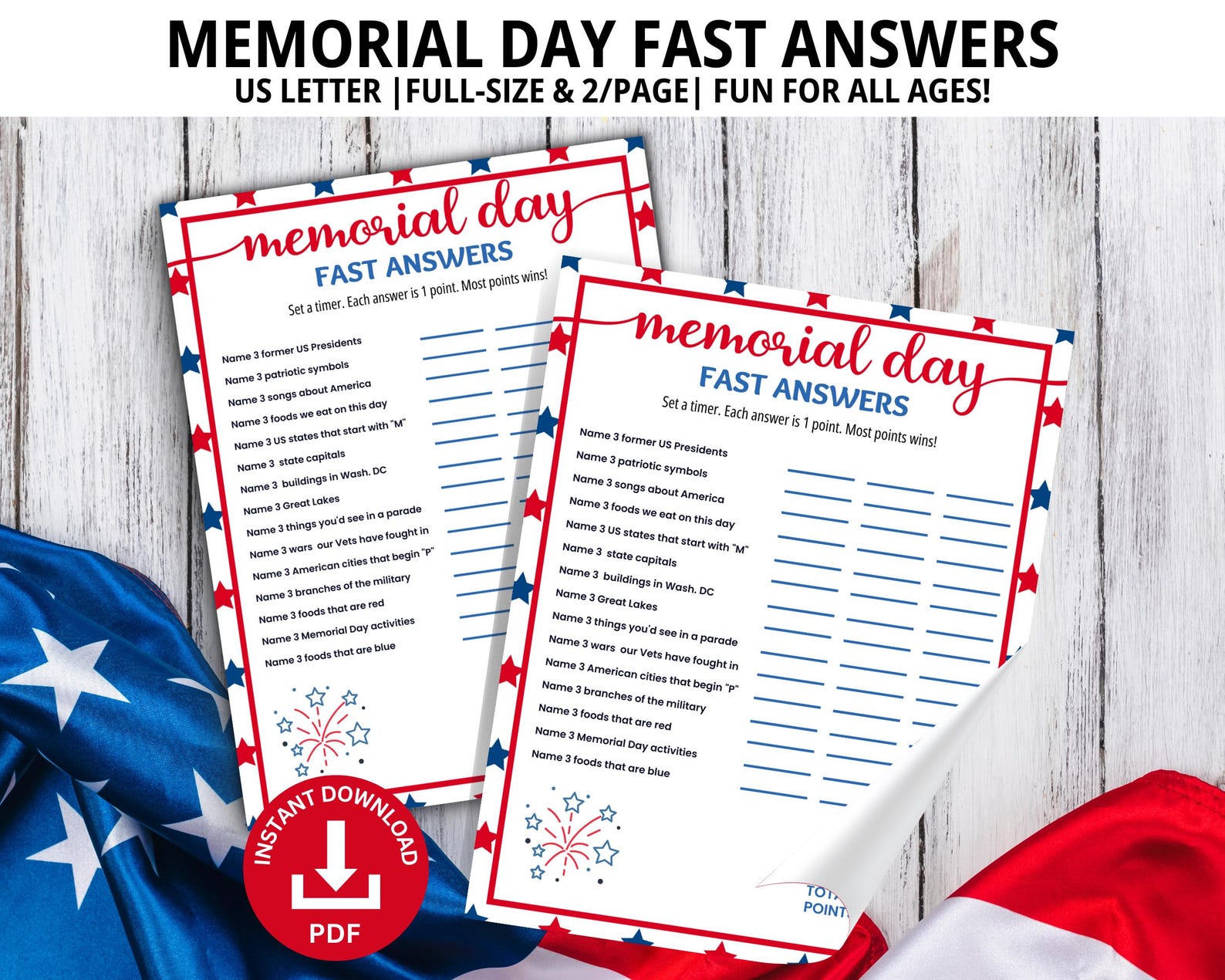 Memorial Day Fast Answers Game, Memorial Day Games, Patriotic Games ...