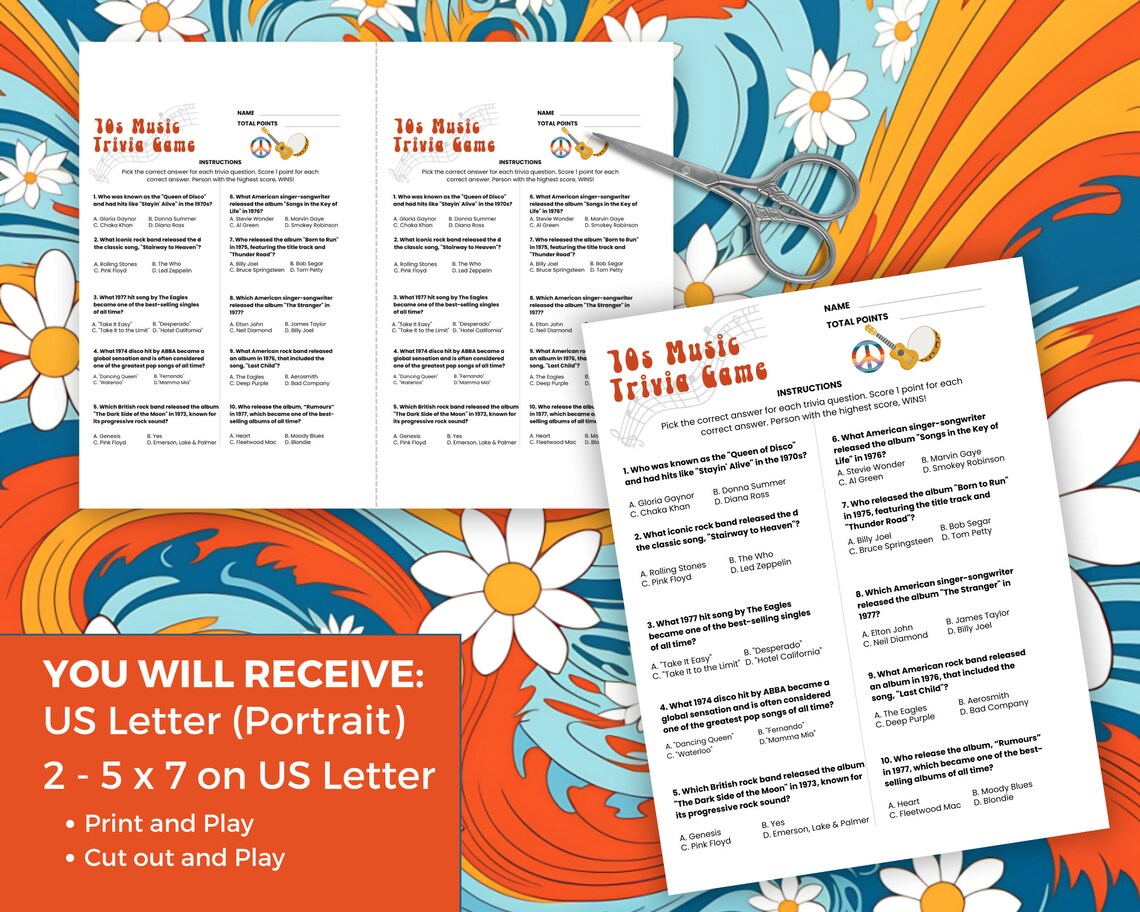 70s Trivia Game, Music Trivia, Printable Trivia Game, Family Game Night ...