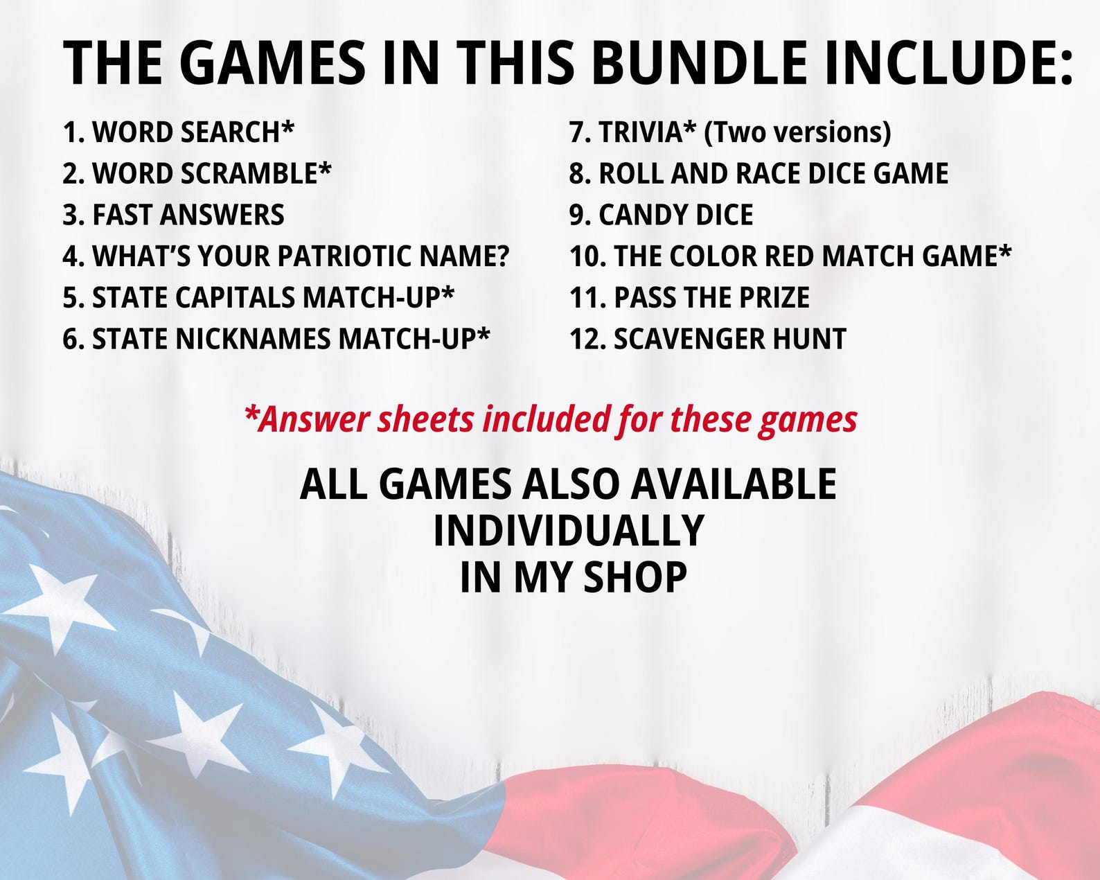 Memorial Day Games, 12 Game Bundle, Trivia Games, Patriotic Games ...