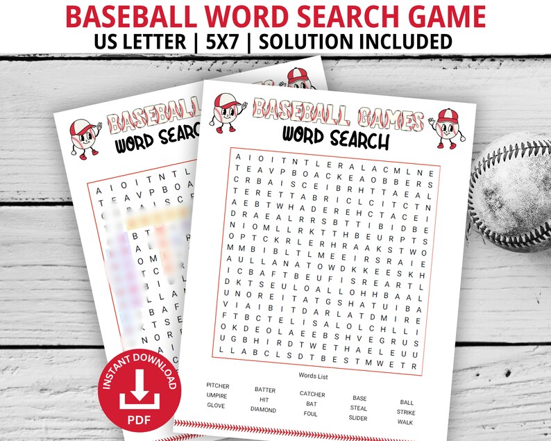 Baseball Word Search Game, Baseball Party Game, Family Game Night, Word ...