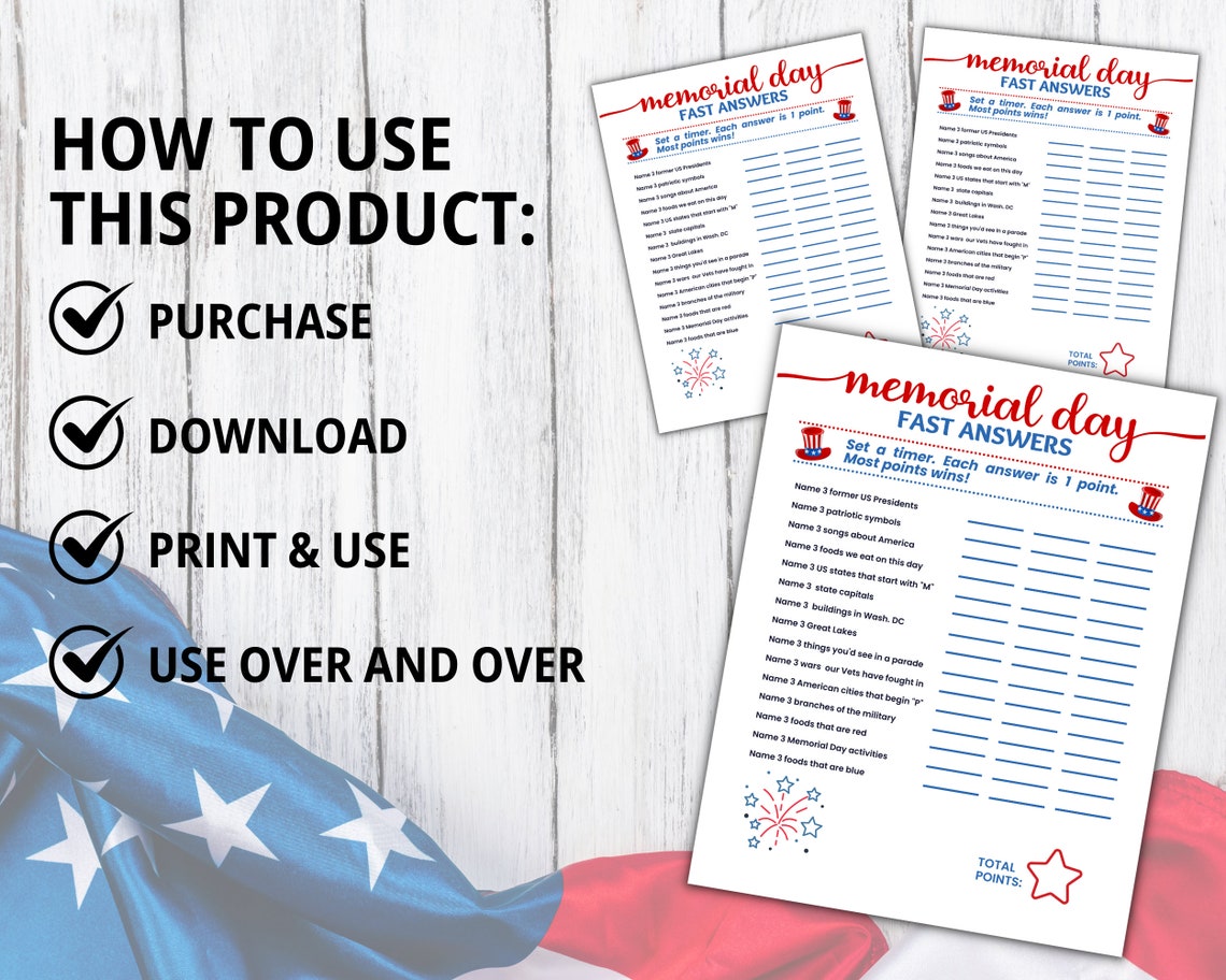 Memorial Day Fast Answers Game, Memorial Day Games, Patriotic Games ...