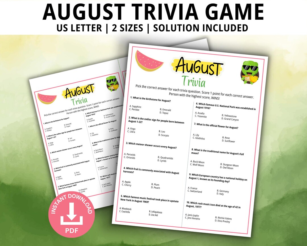 August Trivia Game, Monthly Trivia, August Games, Family Game Night ...