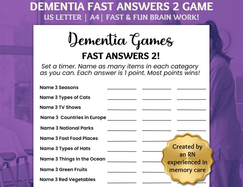 Dementia Fast Answers 2 Game, Ice Breaker Game, Dementia Activities ...