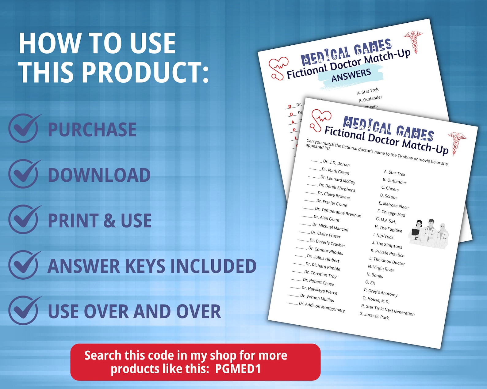 Fictional Doctors Matching Game, Medical Trivia, TV Doctors, Medical ...