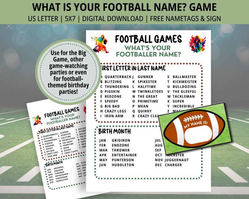 What's Your Football Name Game, Football Party Game, Family Game Night ...