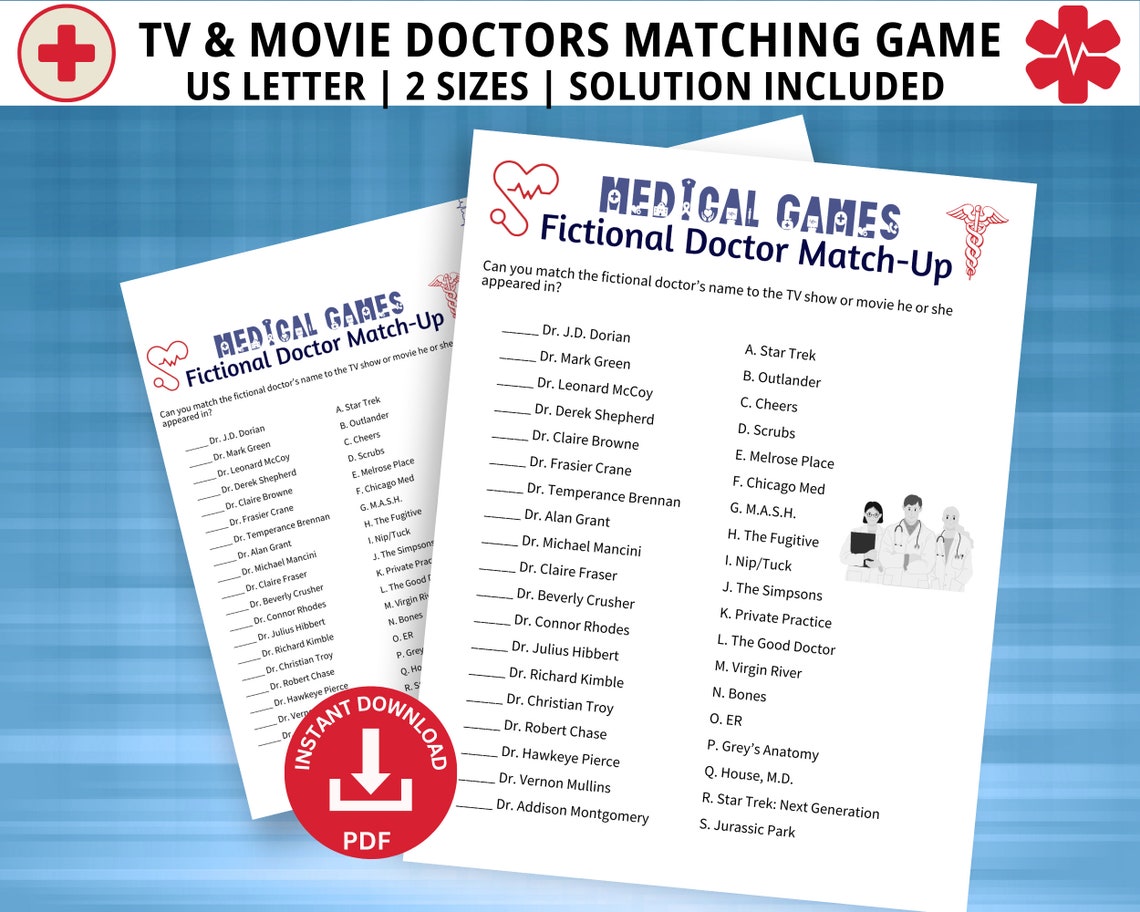 Fictional Doctors Matching Game, Medical Trivia, TV Doctors, Medical ...