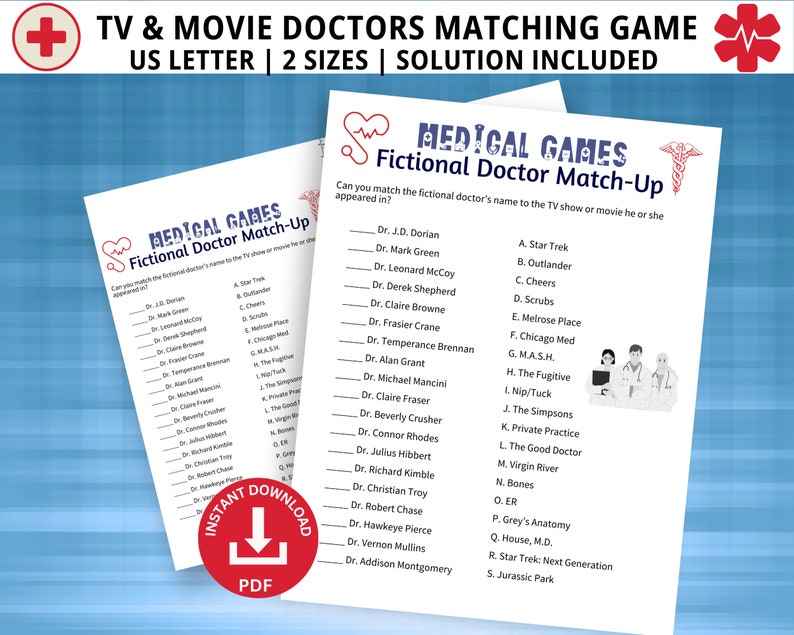 Fictional Doctors Matching Game, Medical Trivia, TV Doctors, Medical ...
