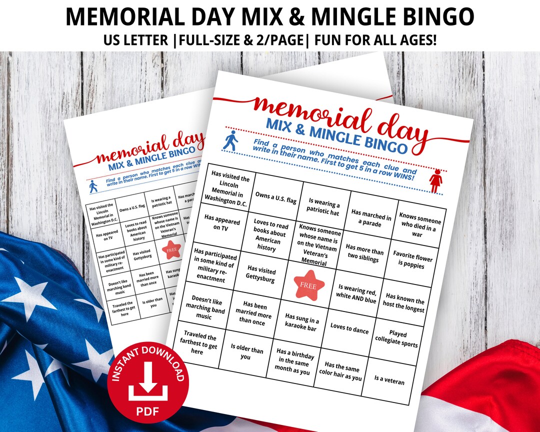 Mix & Mingle Bingo, Memorial Day Games, Memorial Day Bingo, Patriotic ...