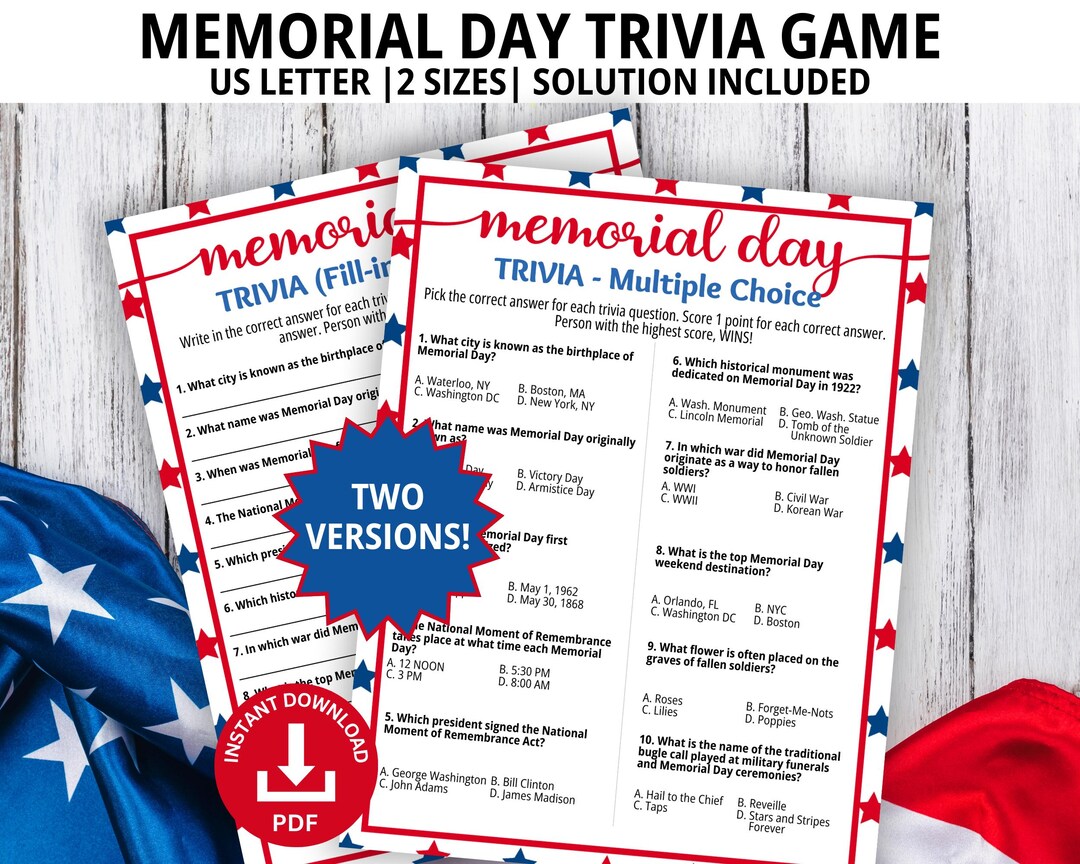 Memorial Day Trivia Game, TWO Versions, Patriotic Trivia Games ...