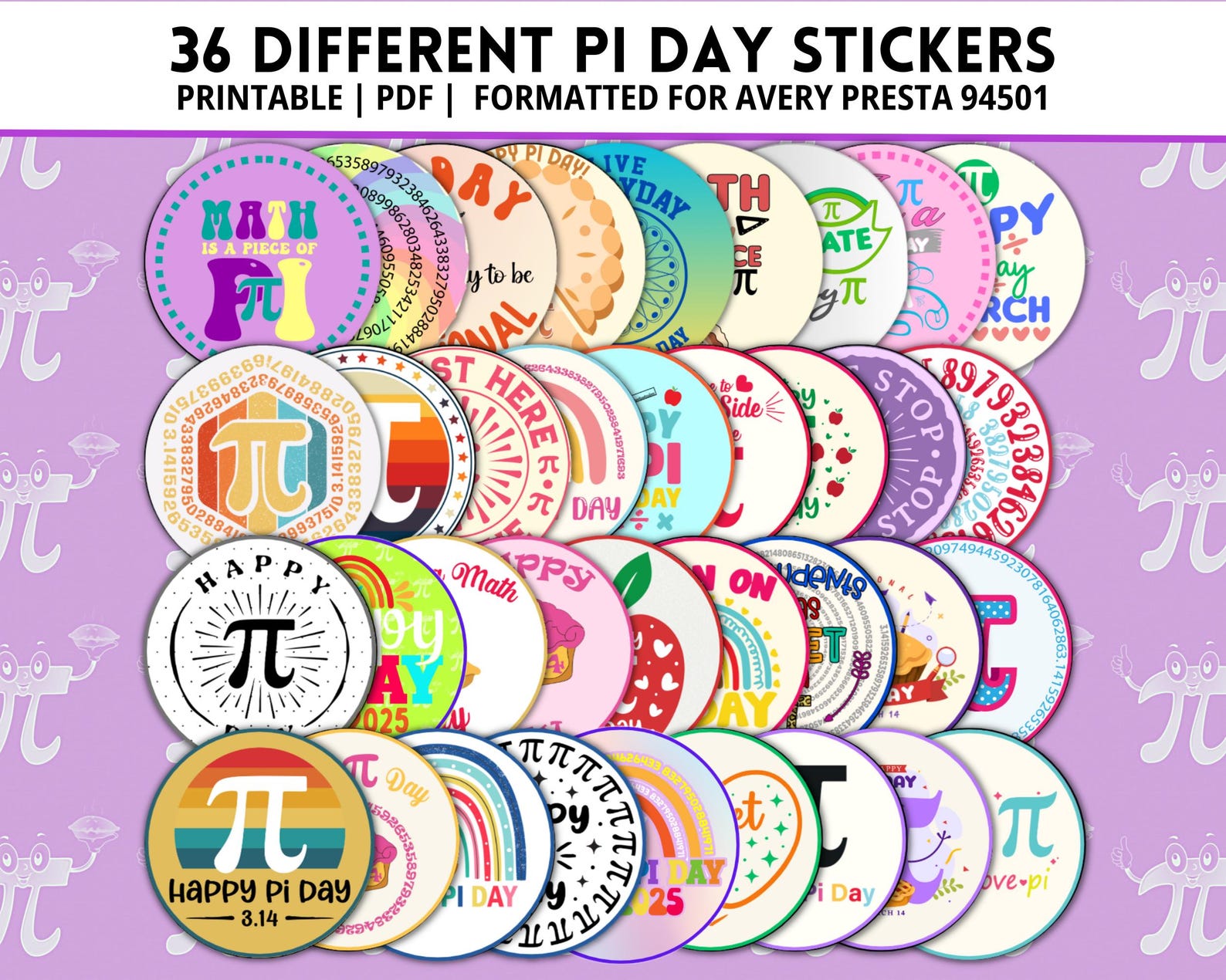 Pi Day Stickers, 3 Collections Bundle, Printable Stickers, Pi Day Decor ...