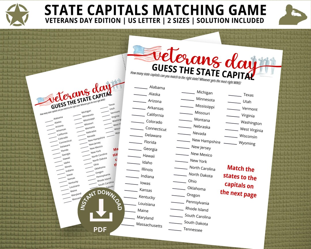 State Capitals, Matching Game, Veterans Day Games, Group Games ...