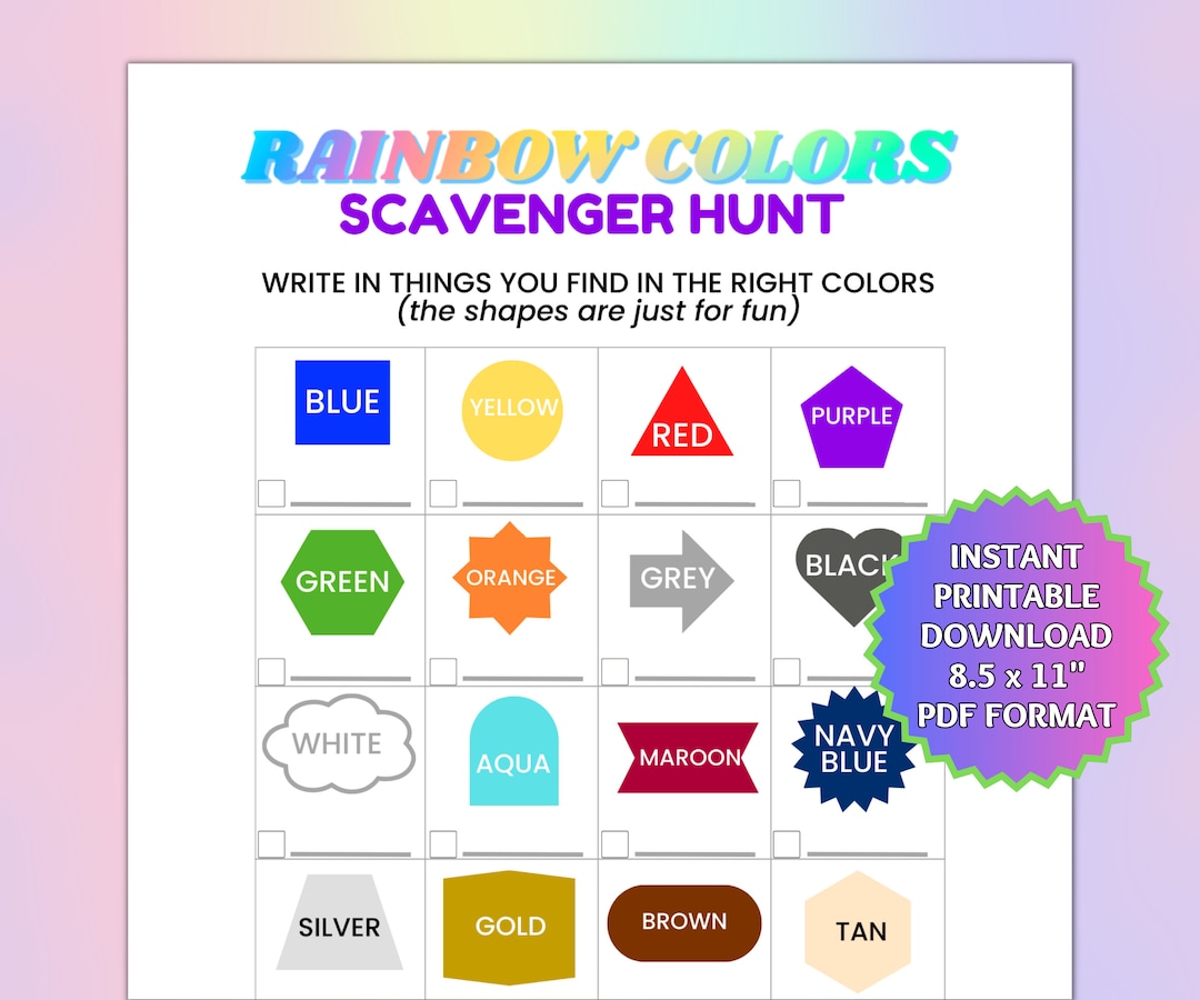 Rainbow Colors Kids Scavenger Hunt, Summer Games, Family Games ...