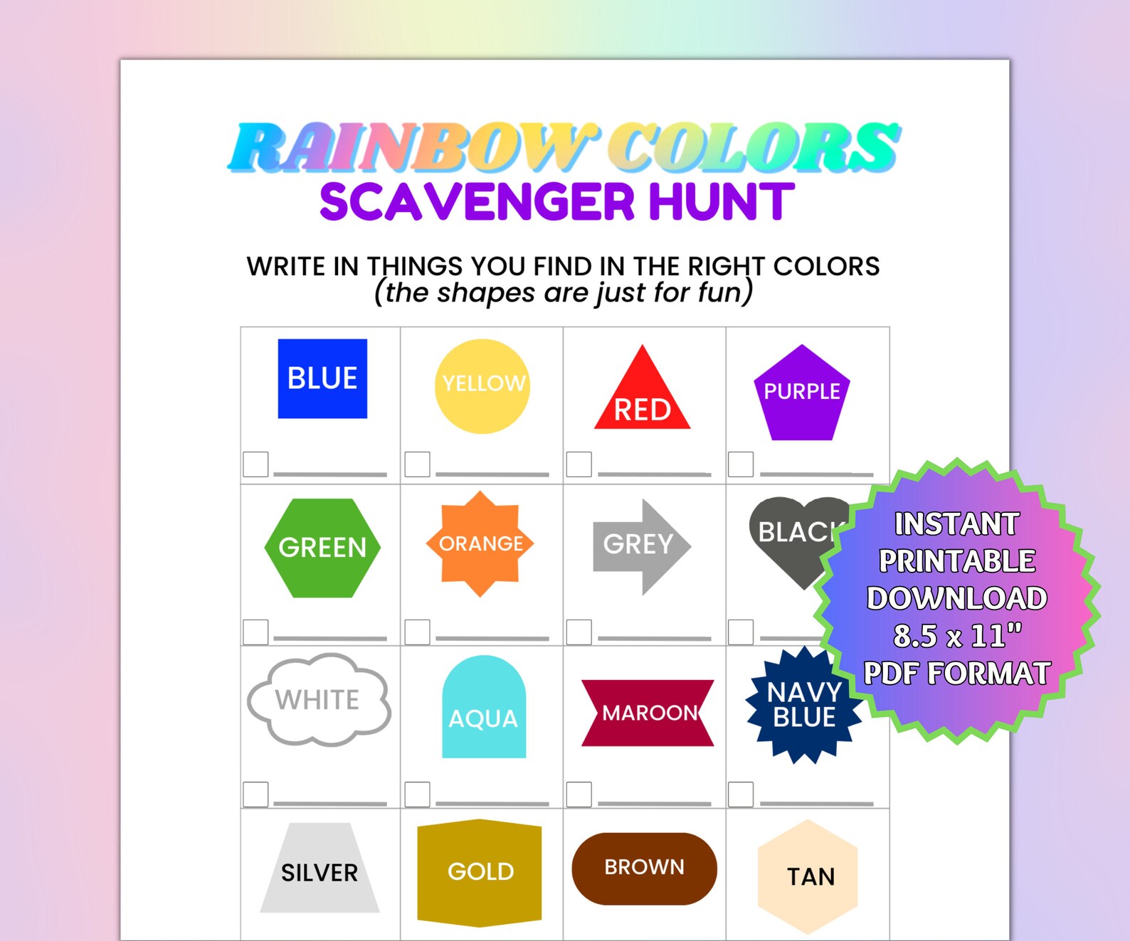 Rainbow Colors Kids Scavenger Hunt, Summer Games, Family Games ...