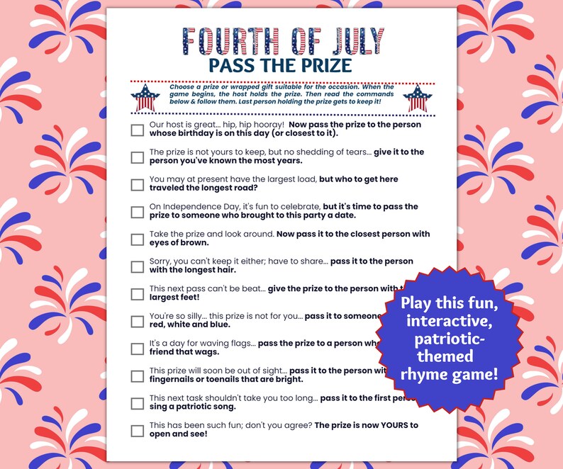 Pass the Gift Game, 4th of July Game, Pass the Prize Game, Patriotic ...