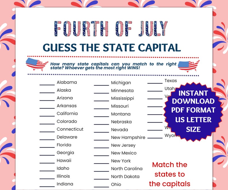 State Capitals Trivia Game Fourth of July Games Group Games - Etsy