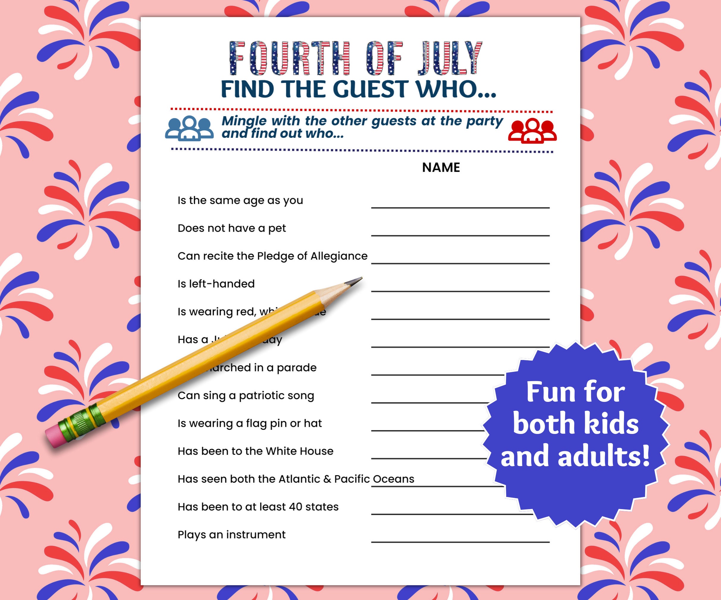 Find the Guest Game, 4th of July Game, Family Party Games, Patriotic ...