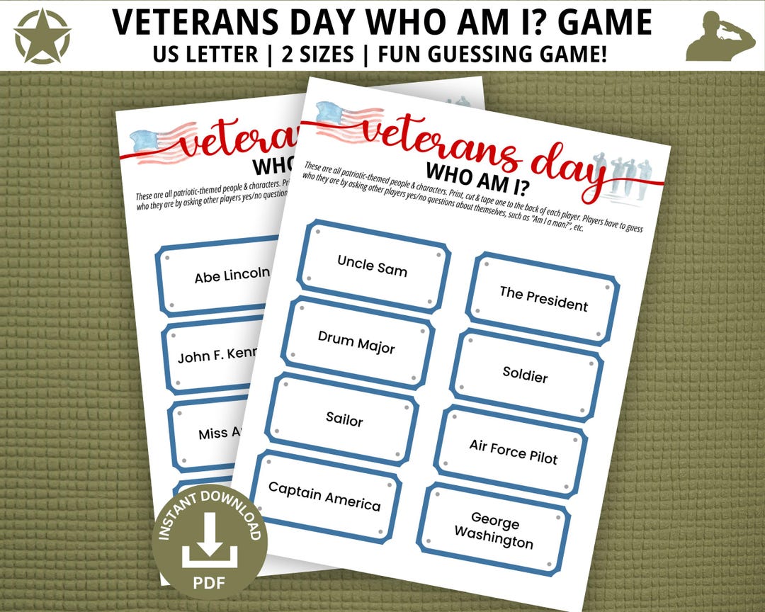 Veterans Day Who Am I? Game, Family Party Games, Patriotic Games ...