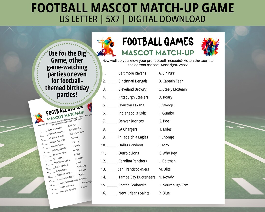 Football Matching Game, Match the Mascot, Football Trivia, the Big Game ...