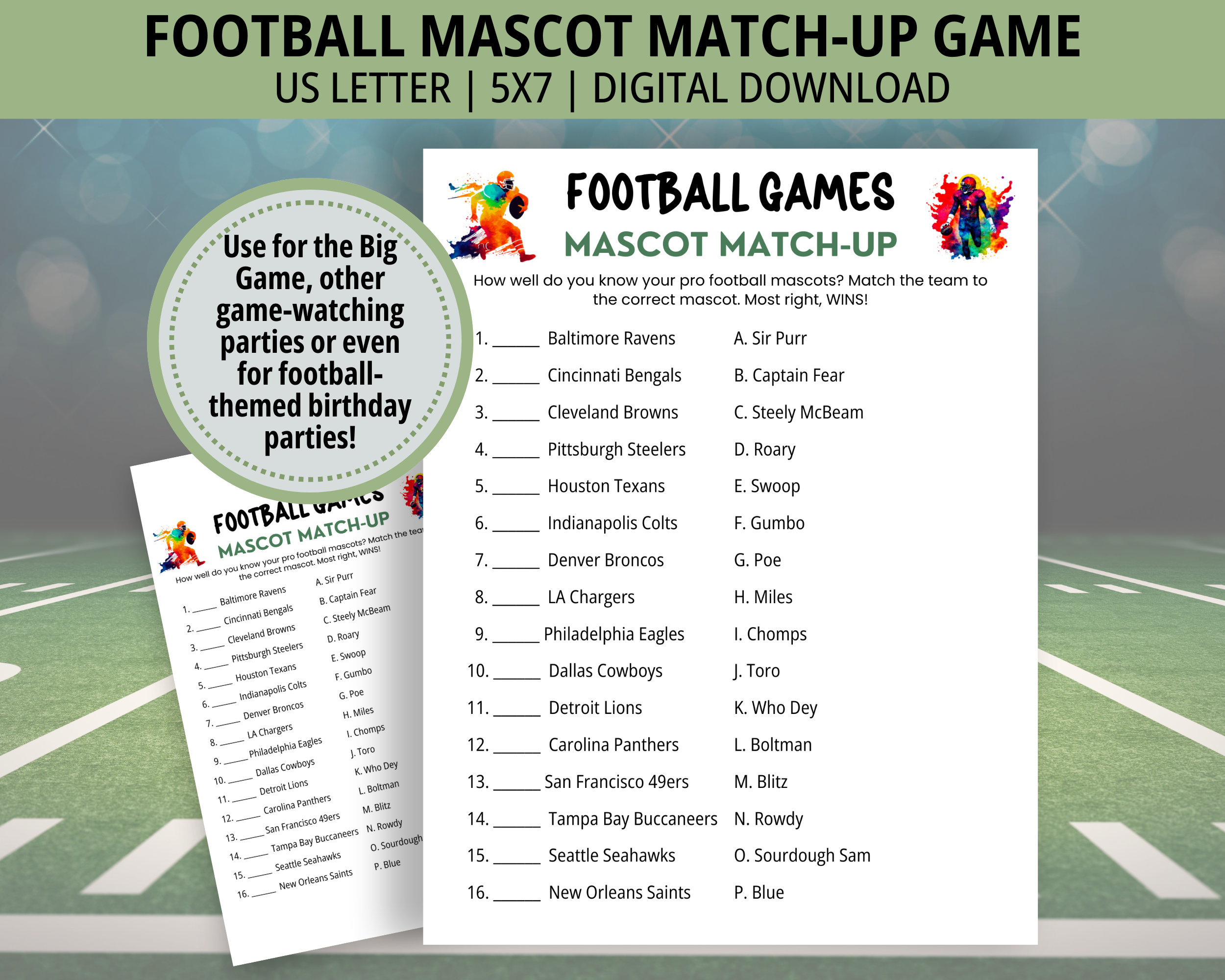 Football Matching Game, Match the Mascot, Football Trivia, the Big Game ...