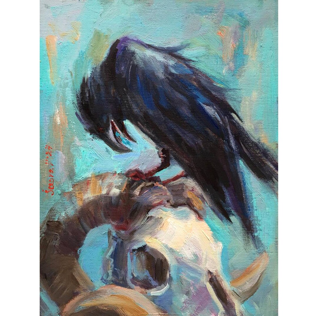 Raven Crow Skull Painting Original Bird Small Nature Animal Wall Decor ...