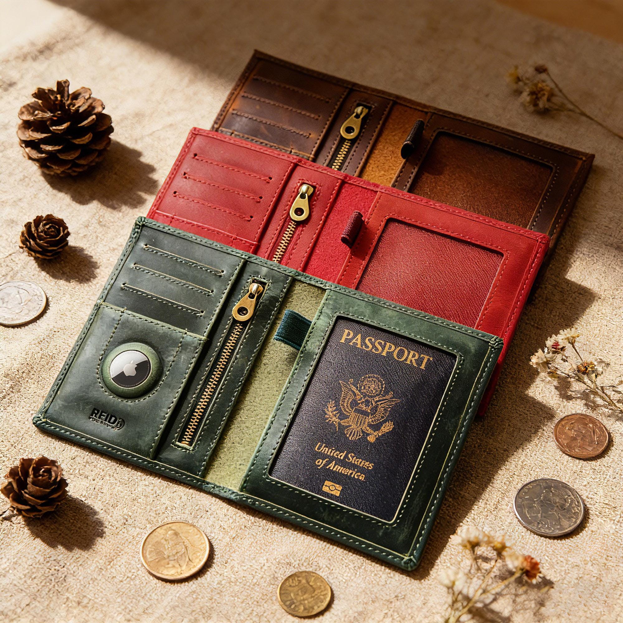 Personalized Leather Passport Holder With AirTag Slot, Custom Travel ...