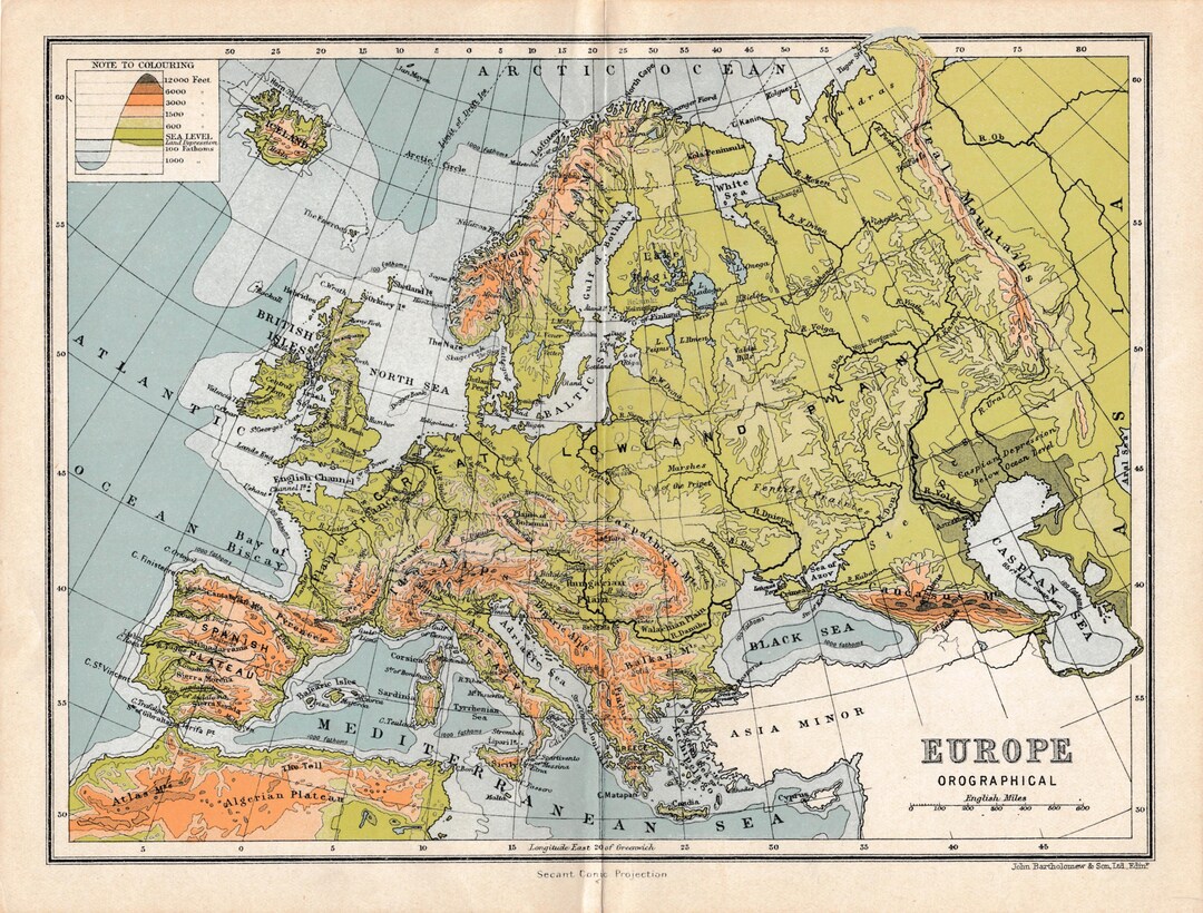 Vintage Europe Map 1930 : Orographical Map - Original Cartography by ...