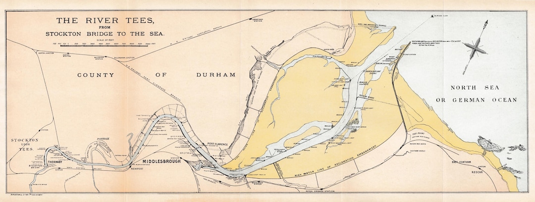 Antique River Tees Middlesbrough Map 1899 : County of Durham - Original ...