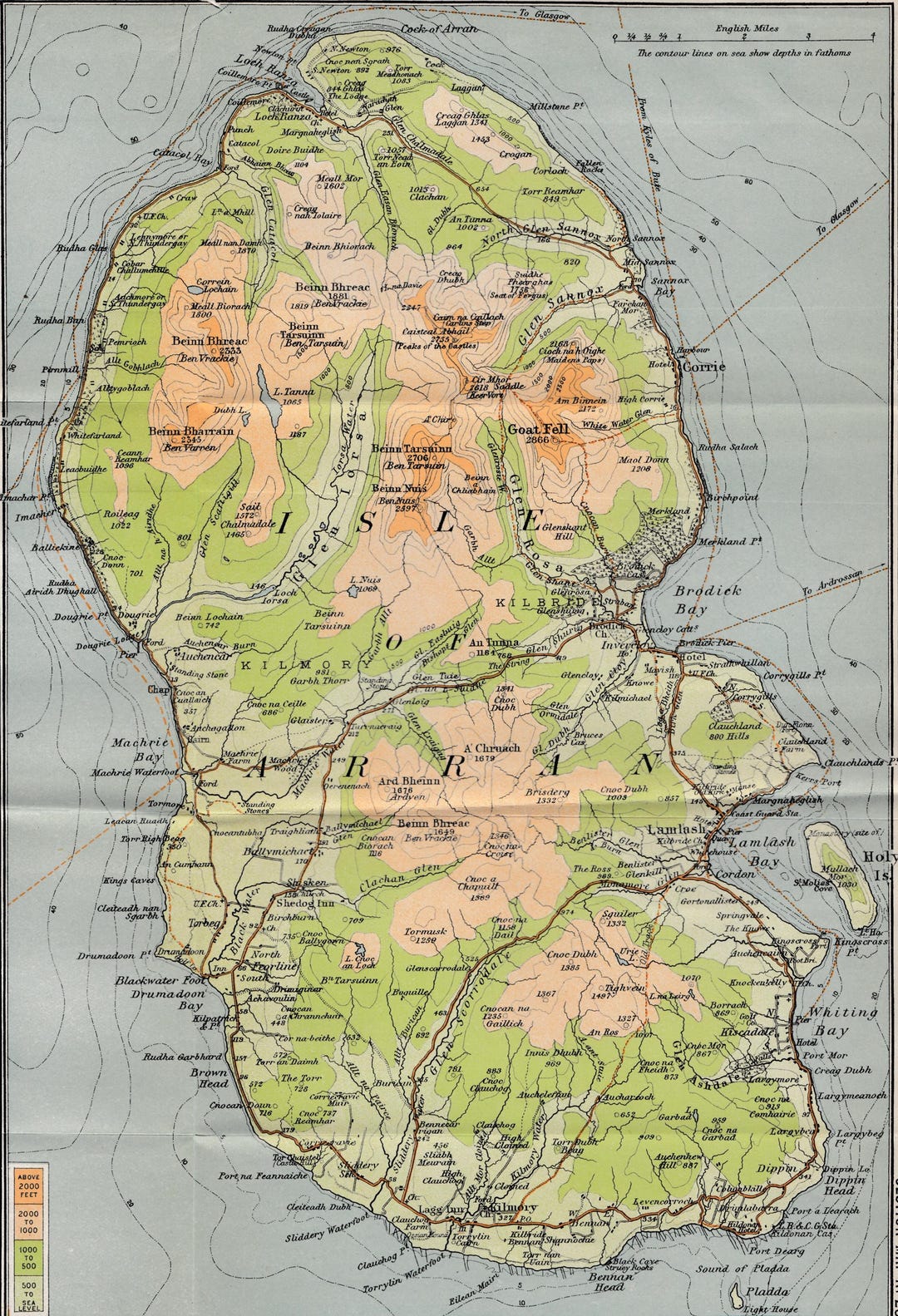 Antique 1908 Isle of Arran Scotland - Colour Map - Original Map of Isle of Arran - Vintage ...