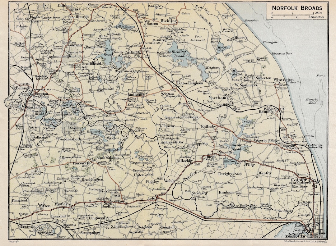 Antique 1930 Norfolk Broads Colour Map Original Antique East Anglia Map ...