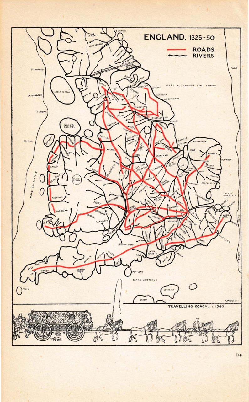 Vintage Roman England Map 1946 : Roman Roads & Rivers (1325 - 1350 ...