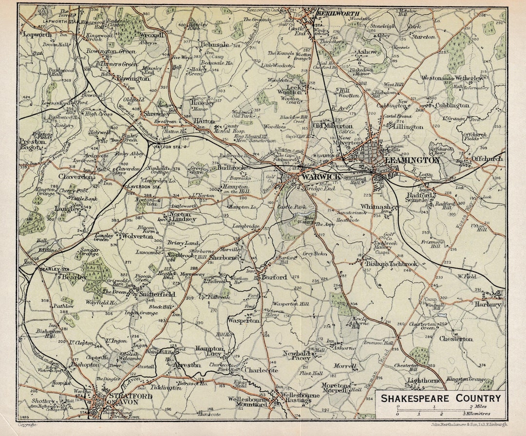 Vintage Shakespeare Country Map 1930 : Stratford-on-avon, Warwick ...