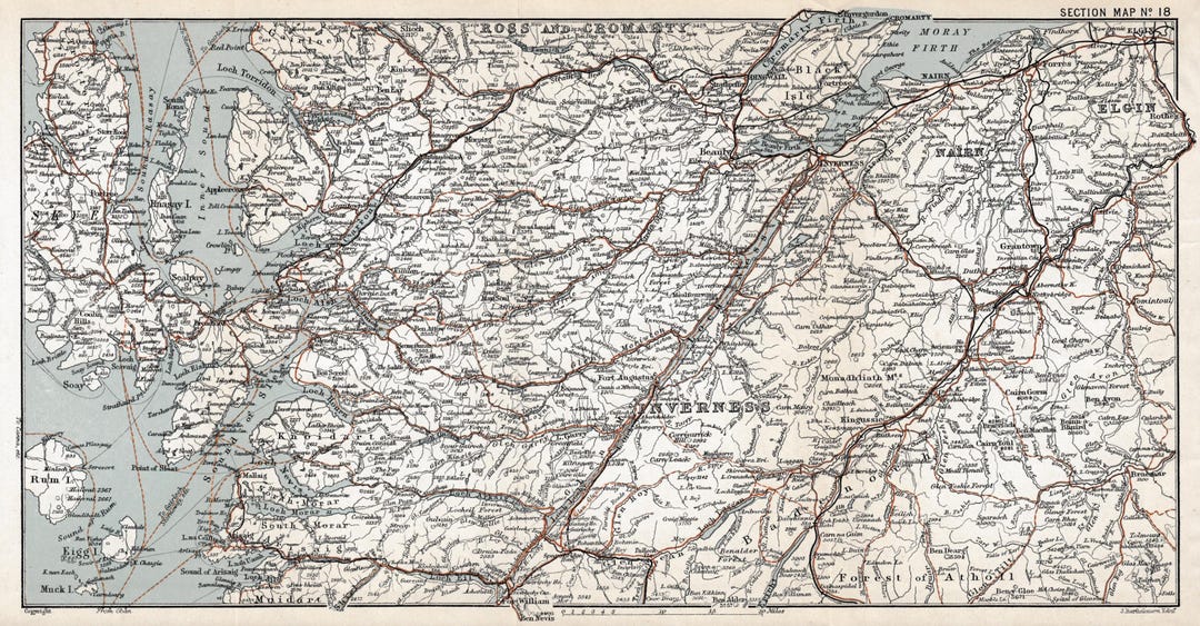 Antique Scotland Map 1908 : Inverness, Nairn, Isle of Skye, Rum, Elgin ...