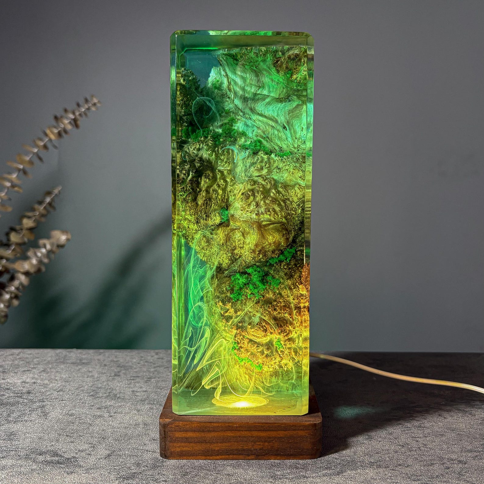 Forest Resin Lamp – Nature Epoxy Wood LED Light, Green Moss Glow Lamp ...
