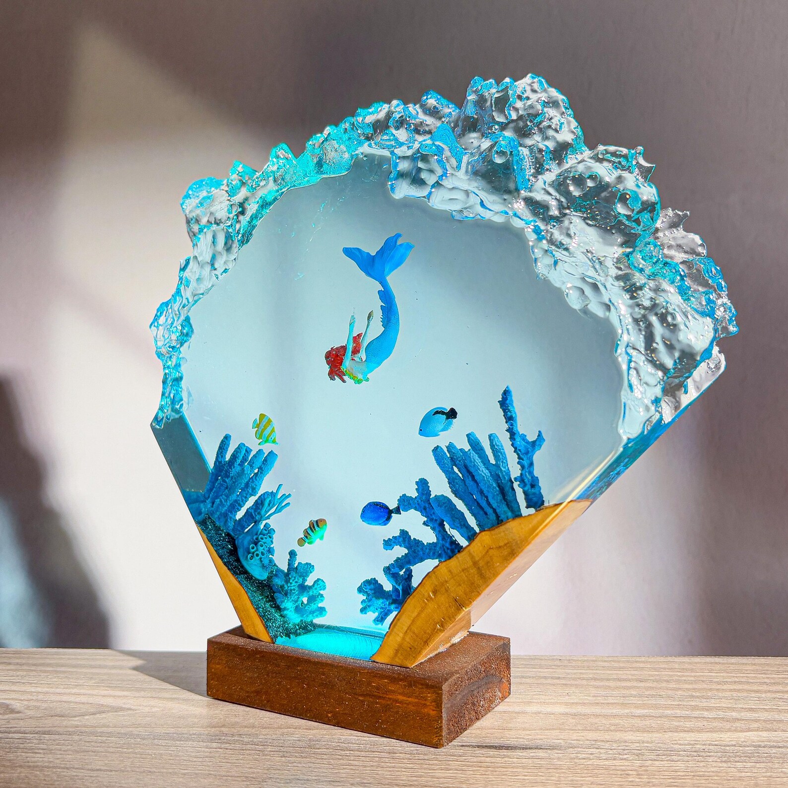 Mermaid Resin Lamp With Coral Reef & Ocean Wave | Epoxy Art Night Light ...