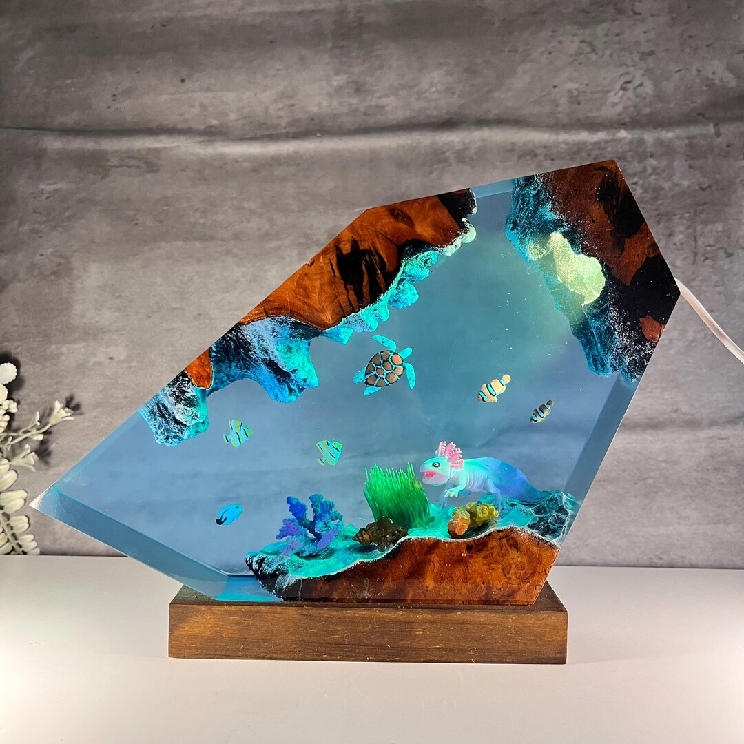 Ocean Resin Axolotl Lamp With Sea Turtle & Coral – Handmade Epoxy Night ...