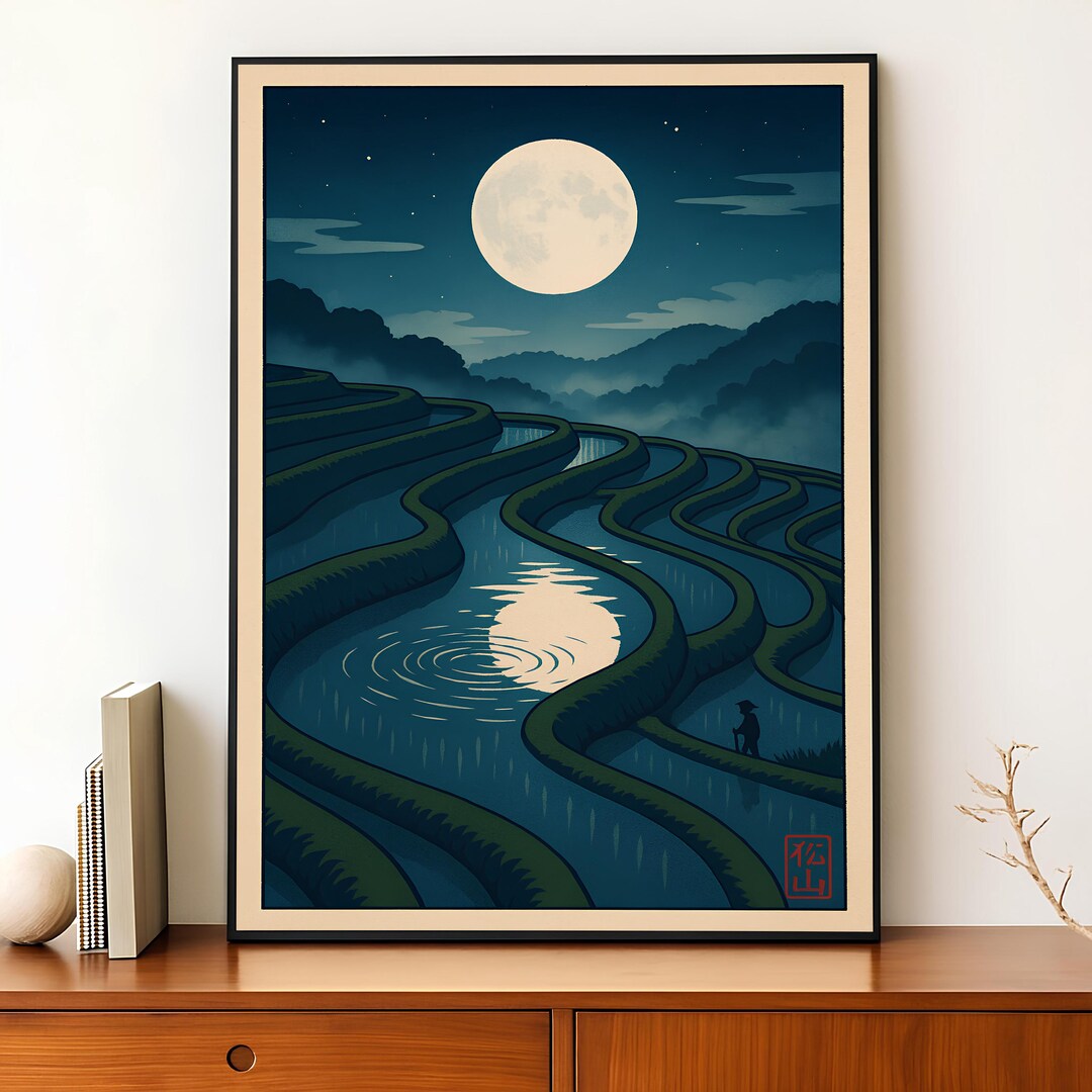 Japanese Rice Terrace Moon Poster Night Landscape Wall Art Zen Farmer ...
