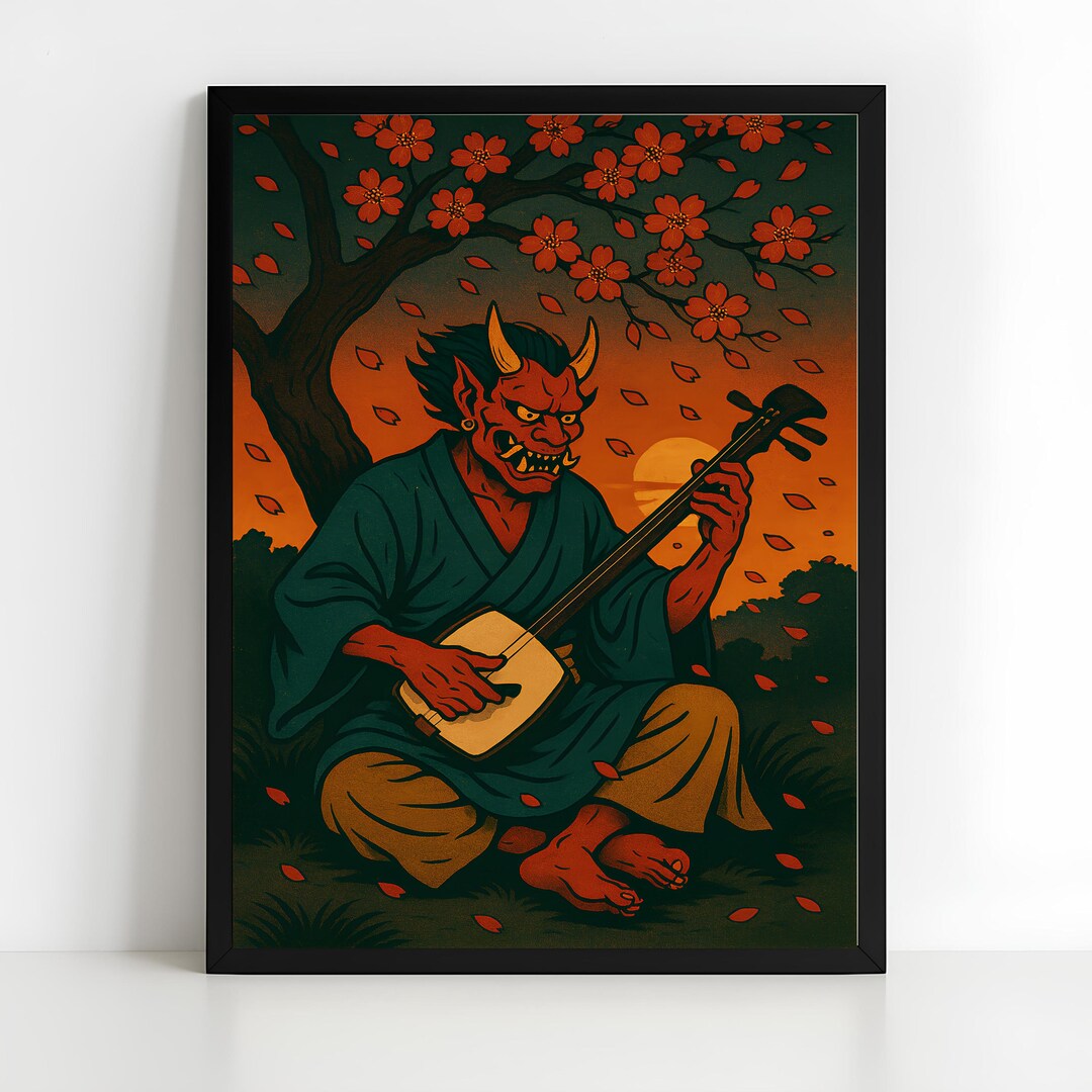 Japanese Oni Playing Shamisen Art Print Vintage Japanese Folklore Wall ...