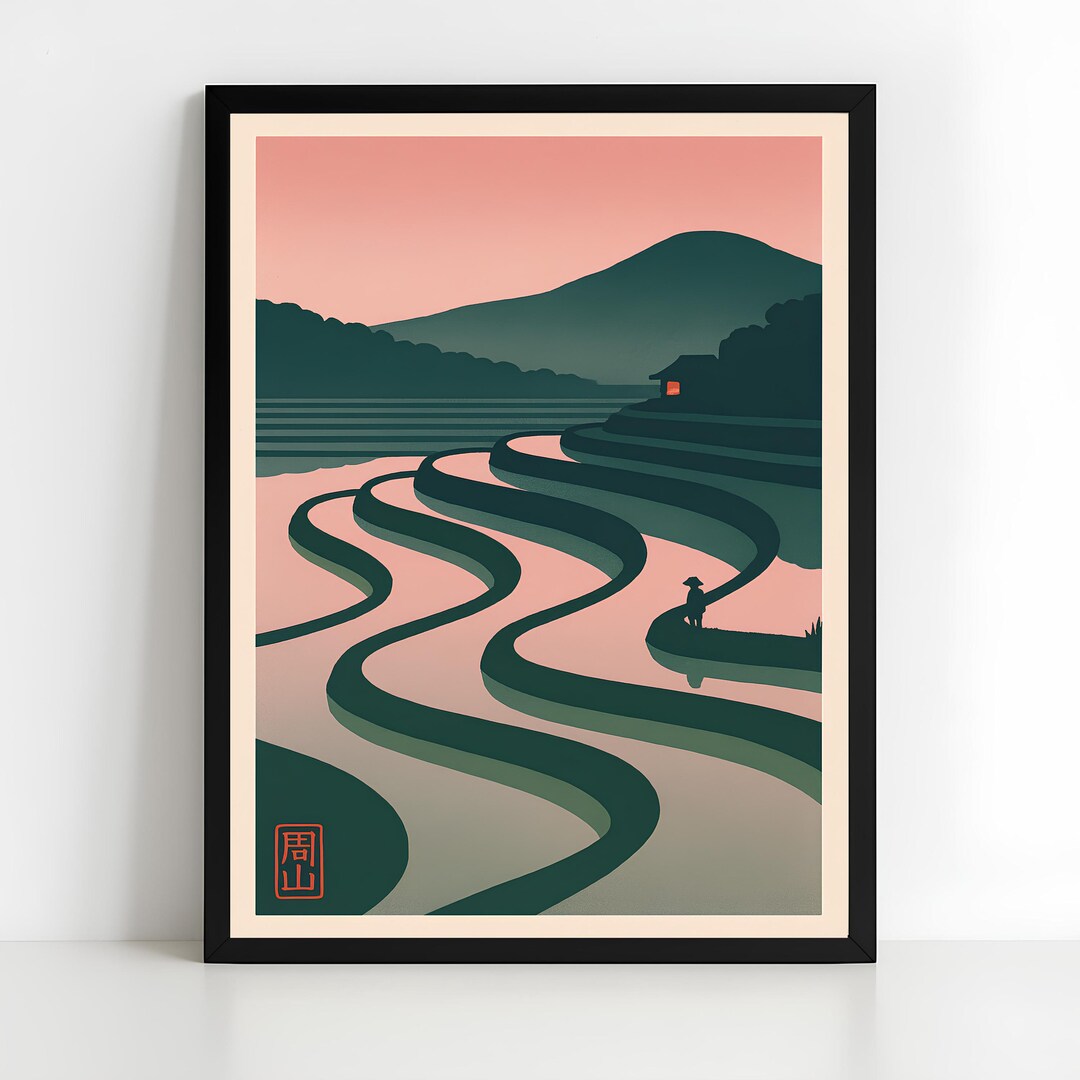 Minimalist Rice Terrace Poster Japanese Dusk Landscape Art Zen Japandi ...