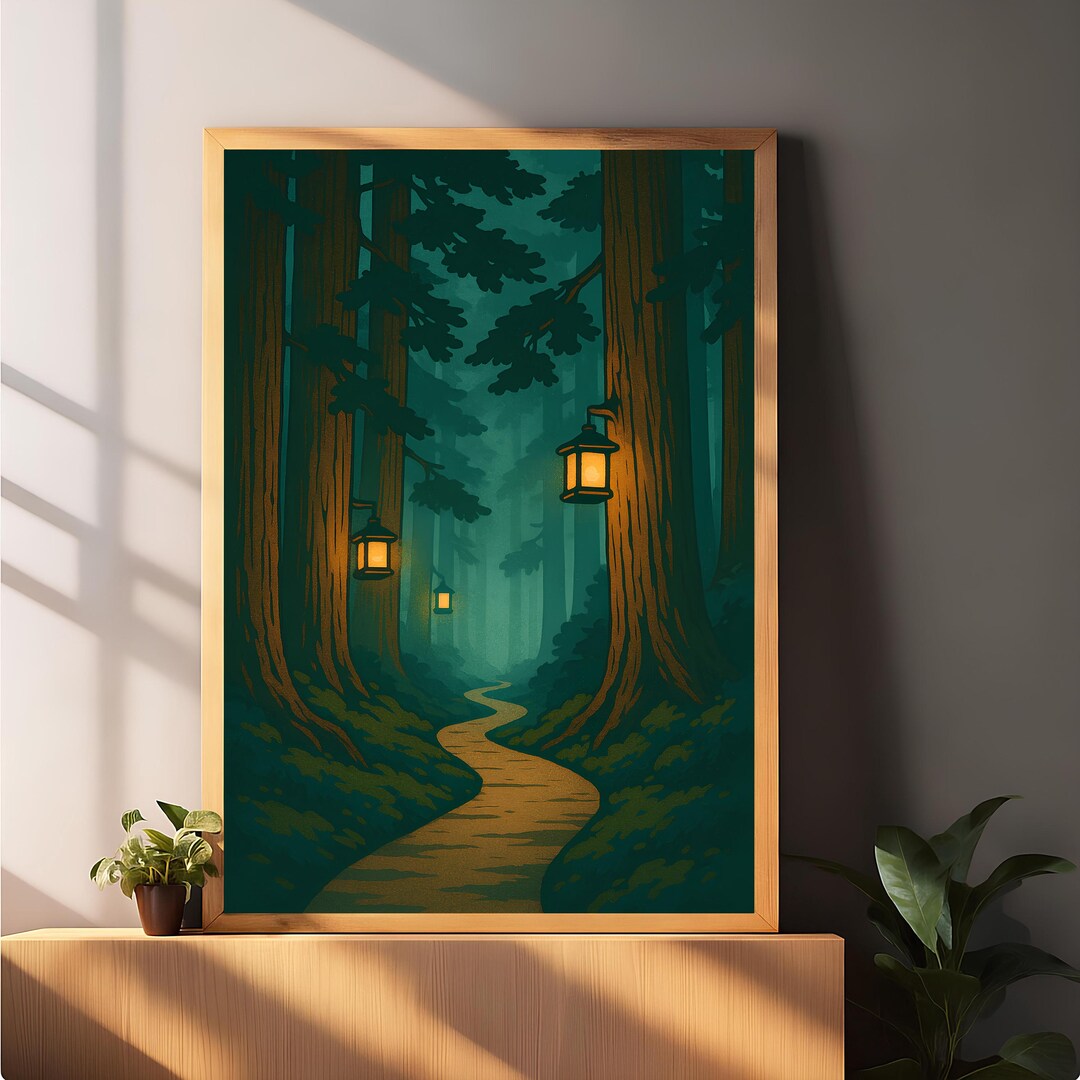 Peaceful Forest Path Japan Poster | Glowing Lantern Trail in Misty ...