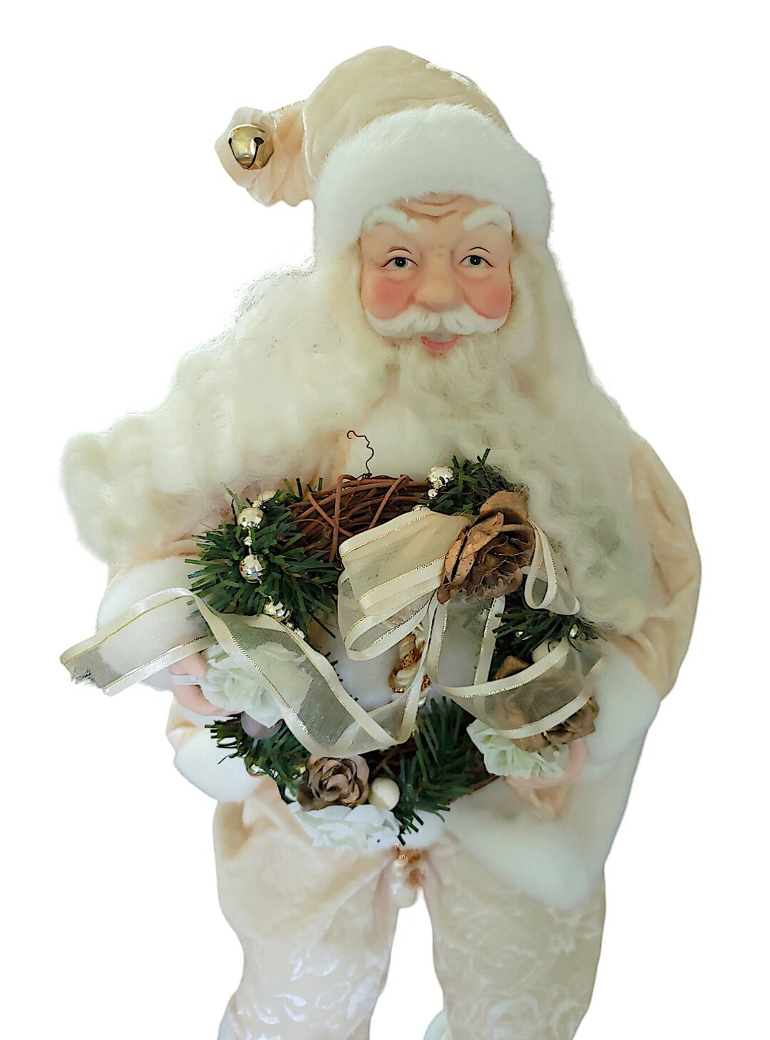 Seated Santa Claus in Winter White Clothing With Faux Fur Trim and ...