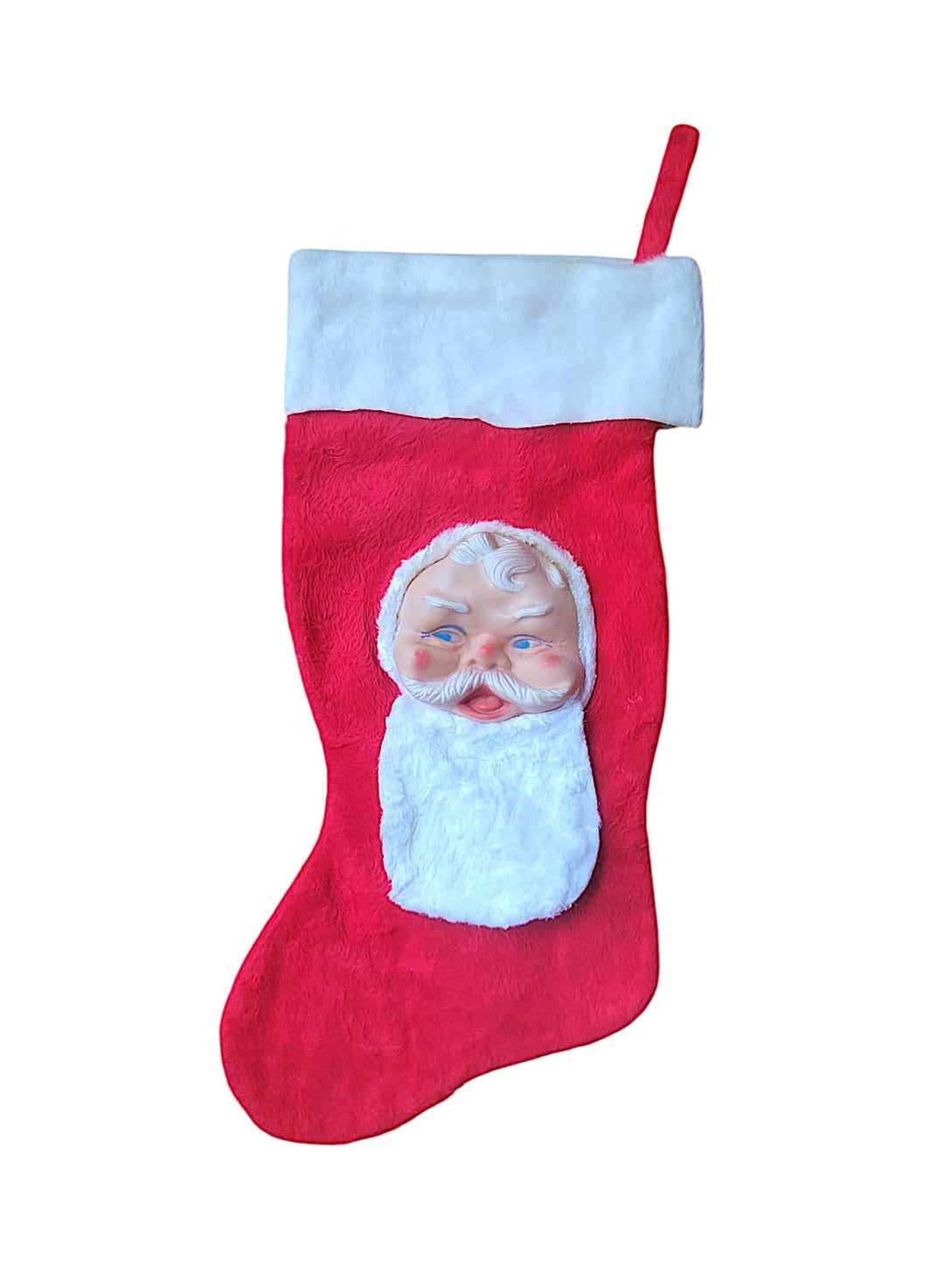 Large Vintage Christmas Stocking With Rubber Santa Claus Face by Bijou ...