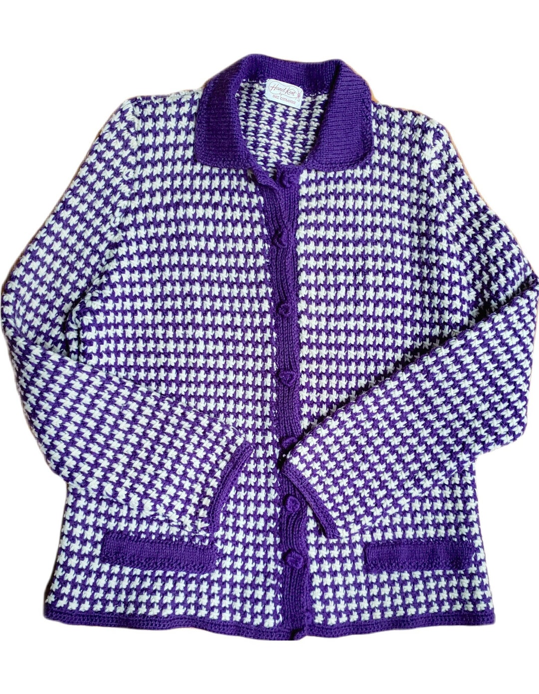 Houndstooth Purple and White Cardigan Sweater Handknit by Inez ...
