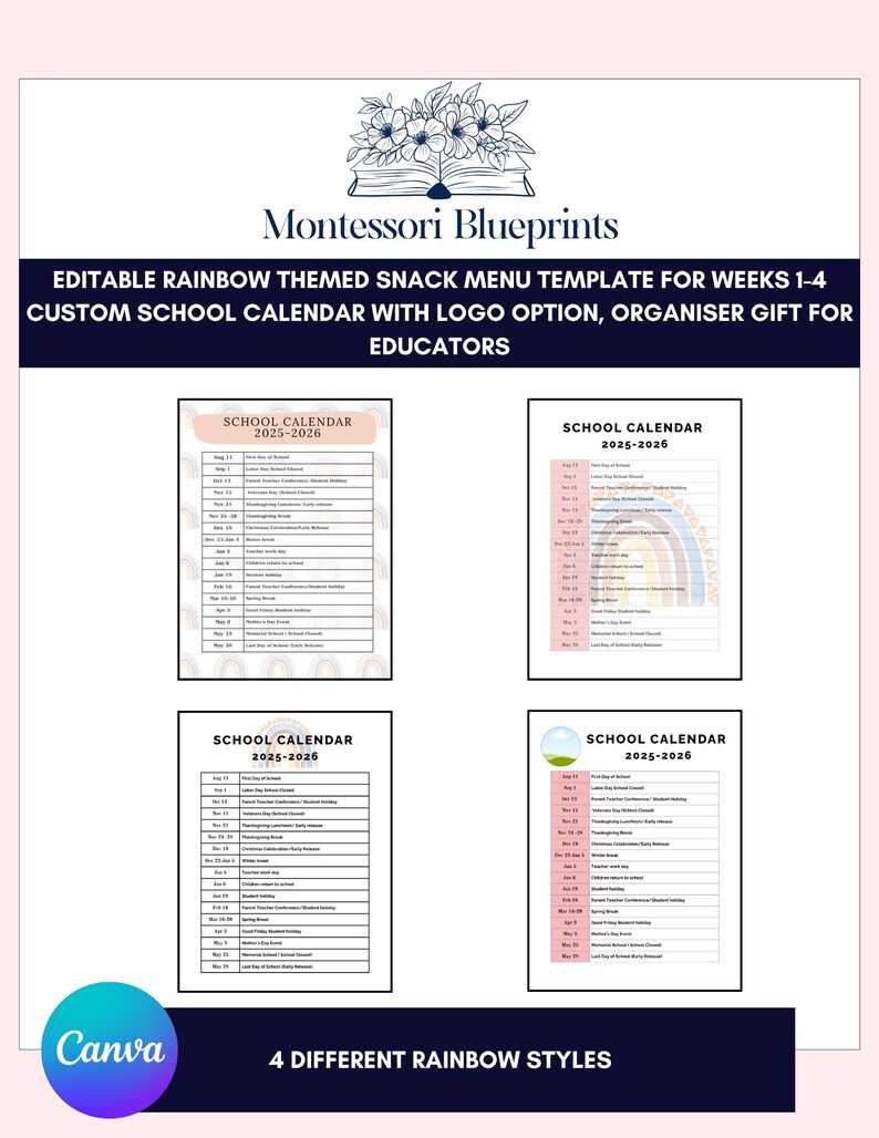 Rainbow Snack Menu Template: Editable School Calendar, Logo Option ...